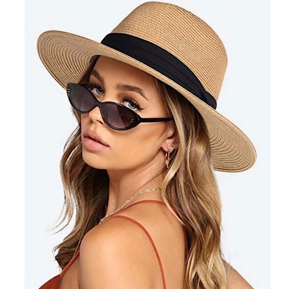 Accessories | Floppy Wide Brim Straw Sun Hat Tan Fedora Black Sash New ...